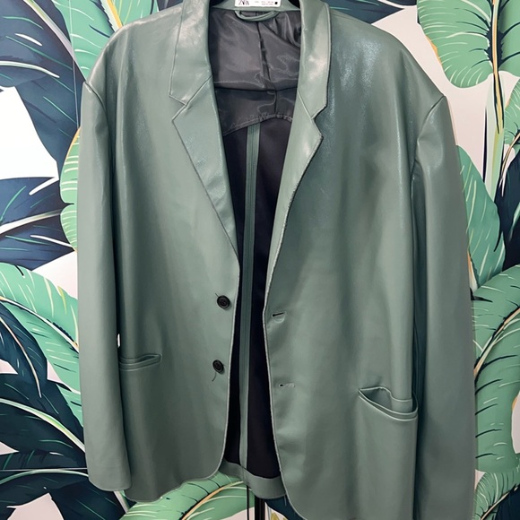 Zara | Suits & Blazers | Zara Green Pleather Blazer | Poshmark